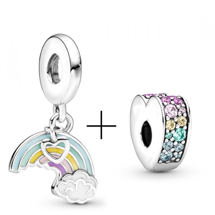 Pandora Style Delightful Rainbow Silver Two Piece Charm Set For Women